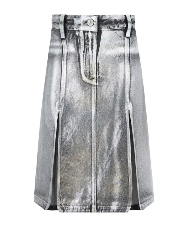 Attico Side Slit Coated Denim Midi Skirt - Silver