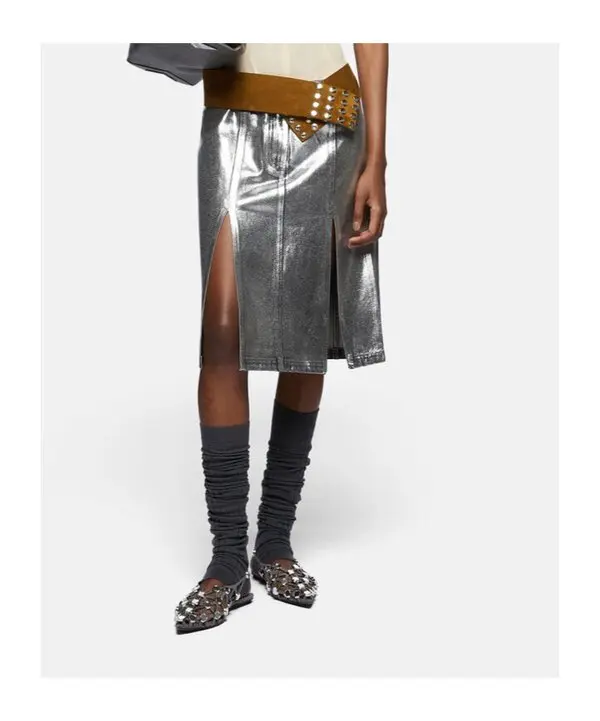 Attico Side Slit Coated Denim Midi Skirt
