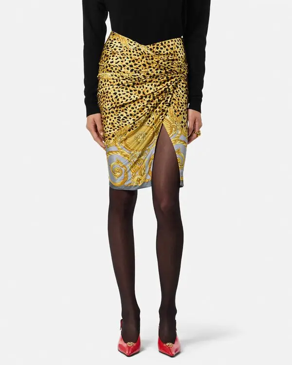 Versace Cheetah Foulard Draped Midi Skirt - Yellow