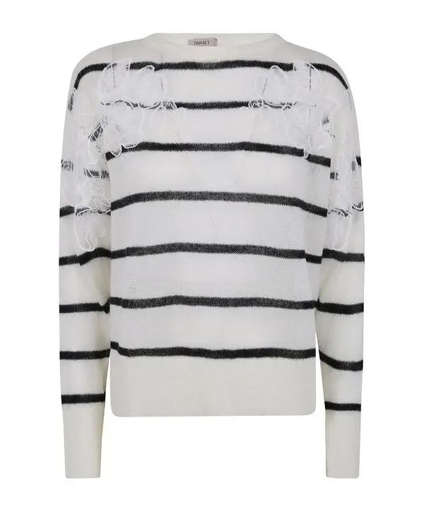 TWINSET Lace-embellished Striped Sweater - White