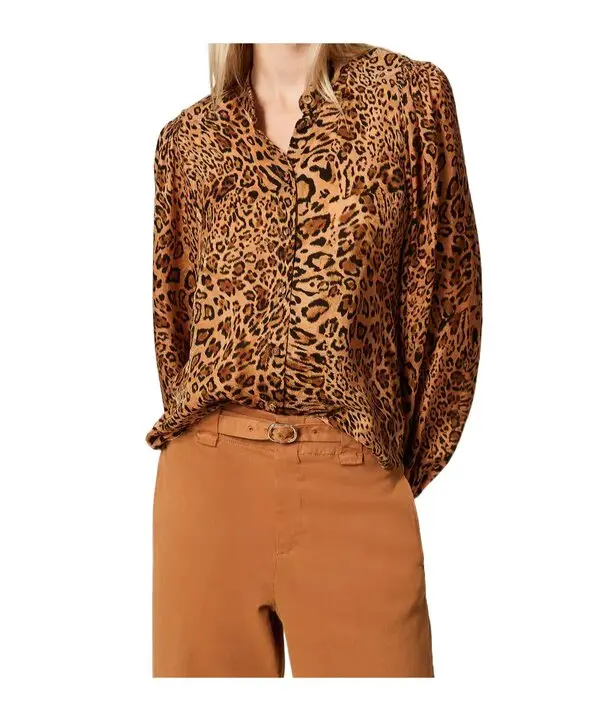 TWINSET Leopard-print Mock-neck Shirt - Brown