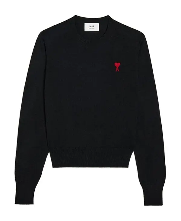 Ami Crewneck Jumper With Red De Coeur Embroidery - Black