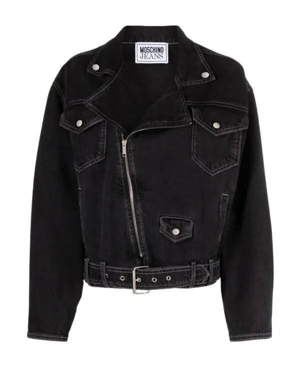 Moschino Zipped Belted Denim Biker Jacket - Black