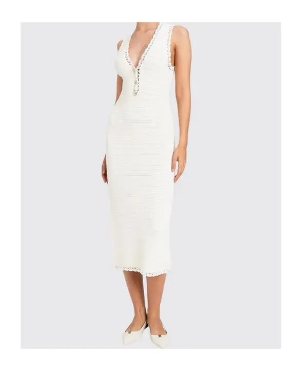 TWINSET Crochet Knit V-neck Midi Dress