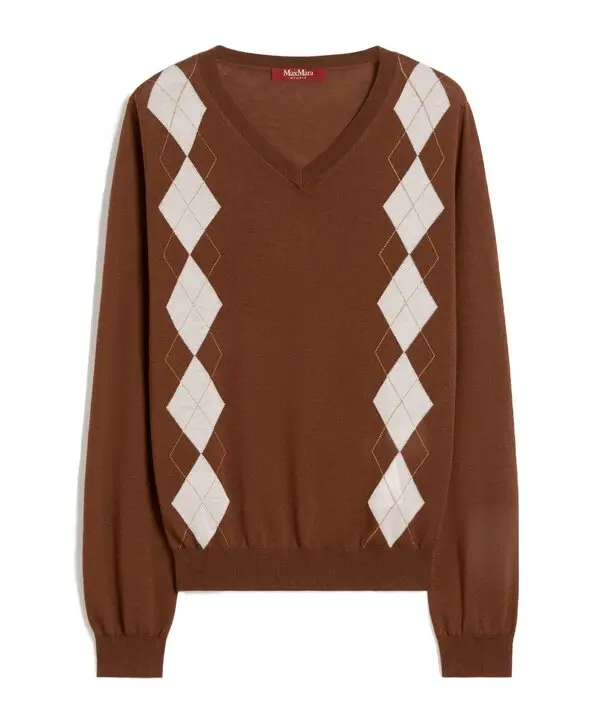 Max Mara Fine Knit V-neck Jumper With Argyle Pattern - Chocolate