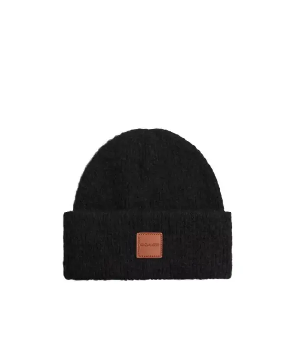 COACH Knit Beanie With Leather Patch - Black