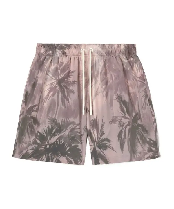 Palm Angels Drawstring Swim Shorts With Palm Print - Beige