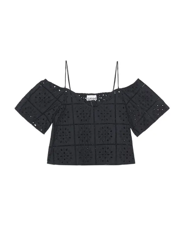 GANNI Embroidered Broderie Anglaise Off-the-shoulder Top - Black