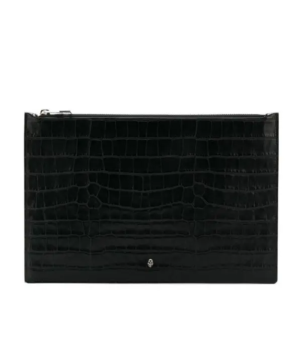 Alexander McQueen Crocodile Effect Skull Detail Pouch - Black