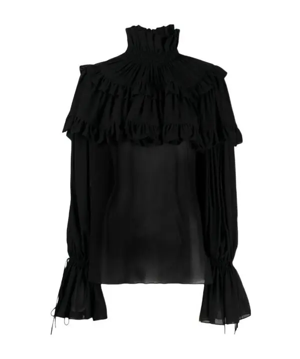 Saint Laurent Tiered Ruffle Blouse With High Neck