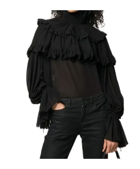 Saint Laurent Tiered Ruffle Blouse With High Neck