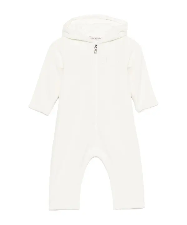 Moncler Hooded Logo Patch Zip-up Rompers - White