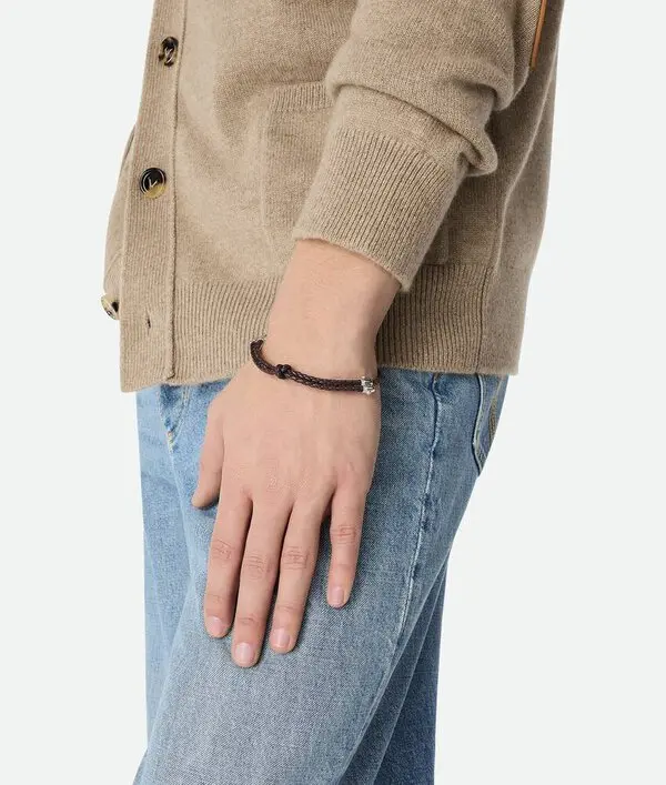 Bottega Veneta Braided Leather Bracelet With Sterling Silver Details - Fondant