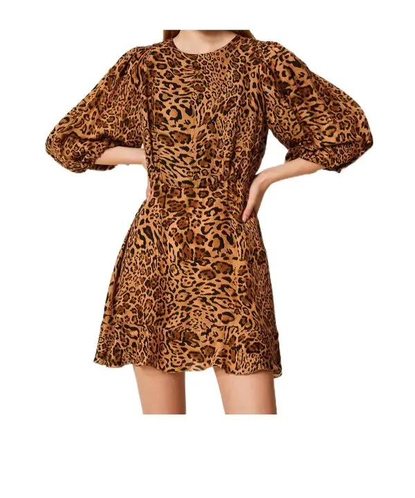 TWINSET Leopard-print Puff-sleeve Mini Dress - Brown
