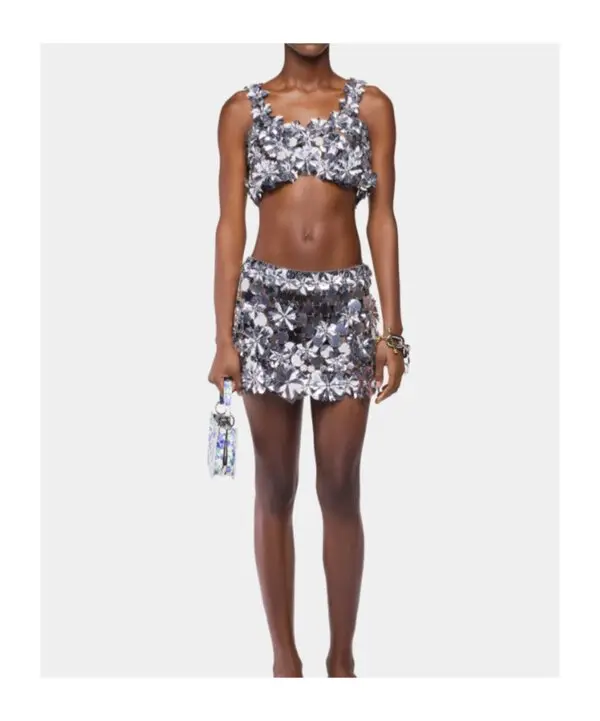 Rabanne Sleeveless Bralette Top With Flower Embellishments - Silver