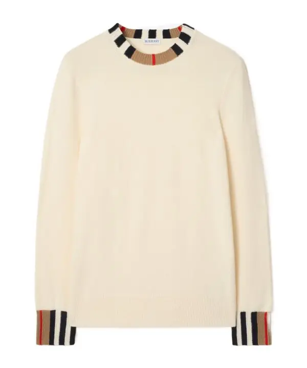 Burberry Icon Stripe Trim Wool Cashmere Sweater - Natural White