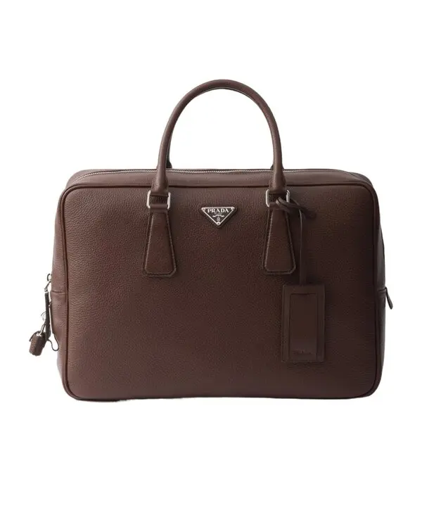 Prada Triangle Logo Zipped Tote Bag - Ochre Brown