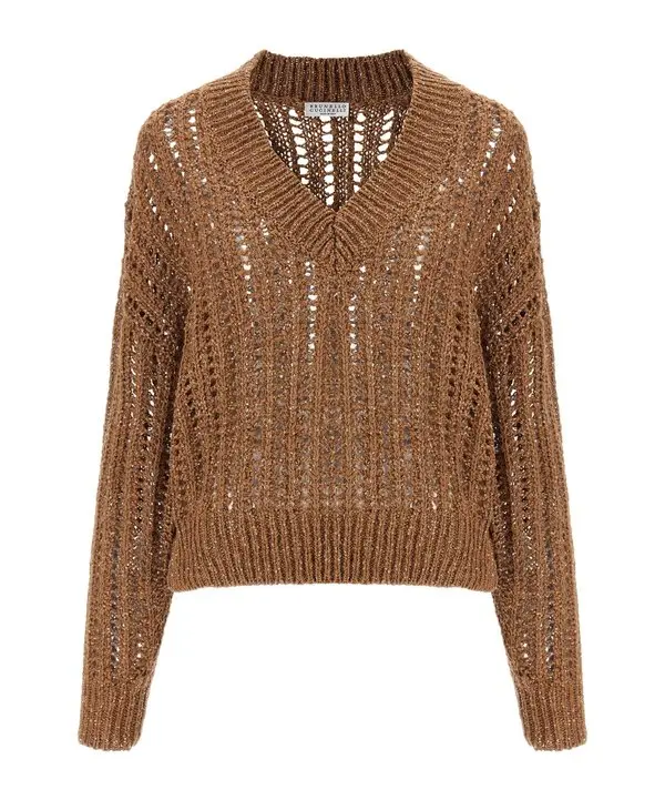 Brunello Cucinelli V-neck Drop Shoulder Jumper With Sequin Accents - Brown