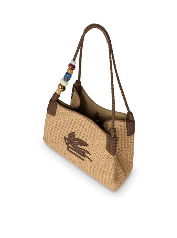 Etro Woven Raffia Shoulder Bag With Pegasus Logo - Nude