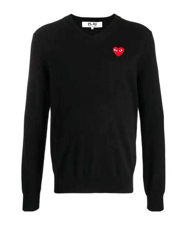 Play Comme Des Garcon Comme Des Garçons Play V-neck Wool Jumper With Heart Appliqu - Black