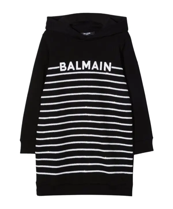 Balmain Striped Logo Embroidered Hoodie Dress - Black