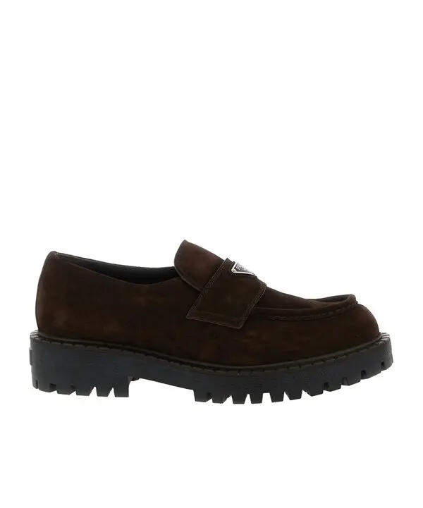 Prada Logo Plaque Round Toe Loafers - Brown