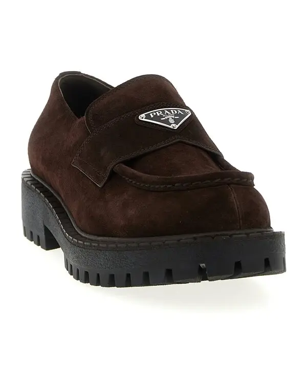 Prada Logo Plaque Round Toe Loafers - Brown