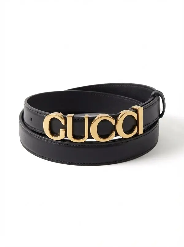 Gucci Logo Lettering Plaque Buckle Skinny Belt - Black