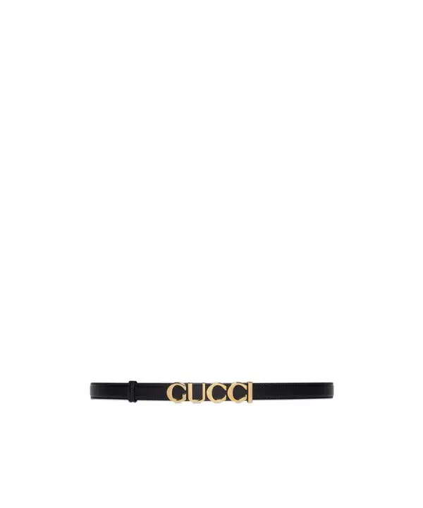 Gucci Logo Lettering Plaque Buckle Skinny Belt - Black