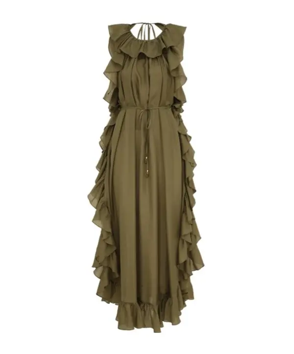 Zimmermann Cascadian Ruffle Midi Dress - Olive