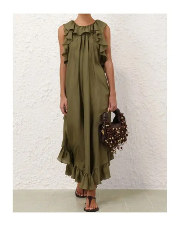 Zimmermann Cascadian Ruffle Midi Dress - Olive