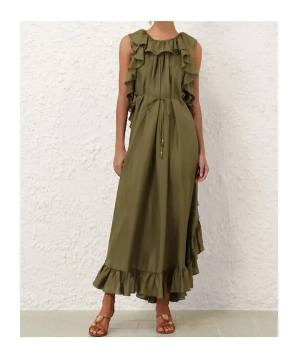 Zimmermann Cascadian Ruffle Midi Dress - Olive