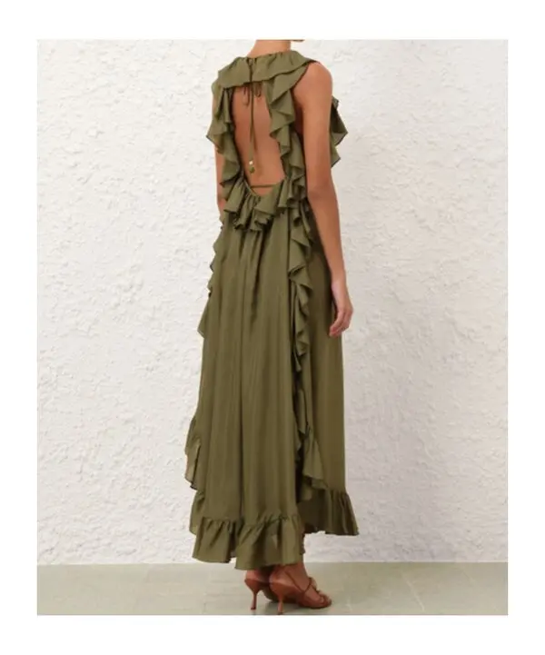 Zimmermann Cascadian Ruffled Silk Midi Dress - Olive | Editorialist