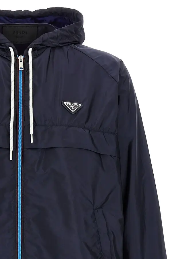 Prada Logo Plaque Zip-up Hooded Jacket