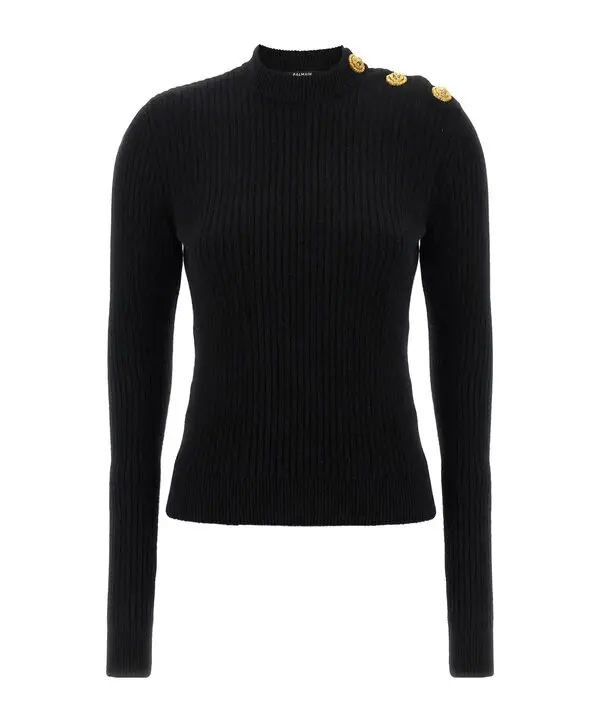 Balmain Ribbed Cashmere And Virgin Wool Pullover With Embellished Buttons - Black