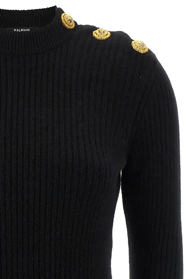 Balmain Ribbed Cashmere And Virgin Wool Pullover With Embellished Buttons - Black