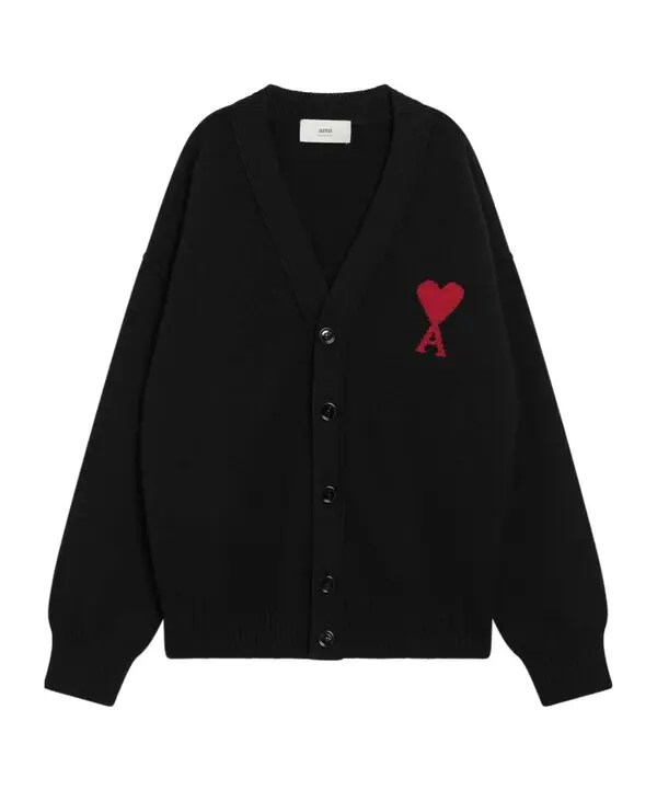 AMI Paris Logo Intarsia Knitted Cardigan - Black