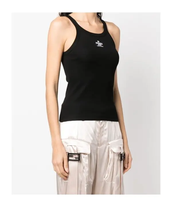 Fendi Logo Embroidered Knitted Tank Top - Black