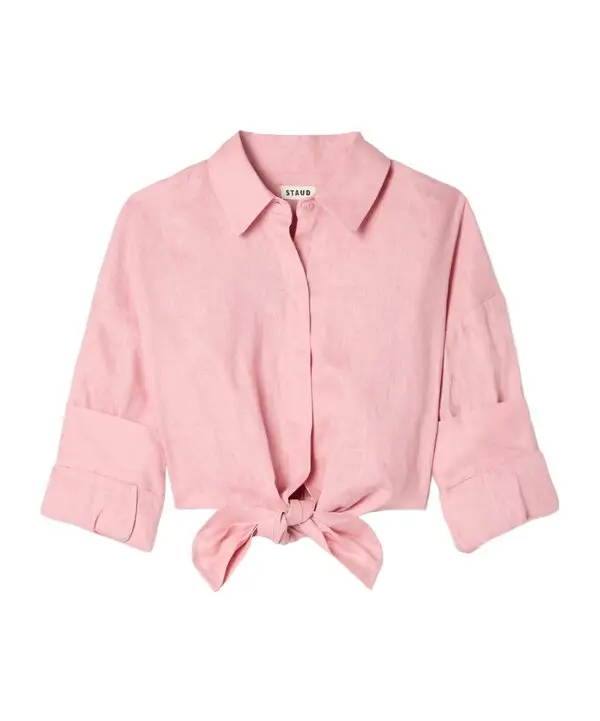 Staud Cropped Shirt With Front Tie And Cuffed Sleeves - Blush Color
