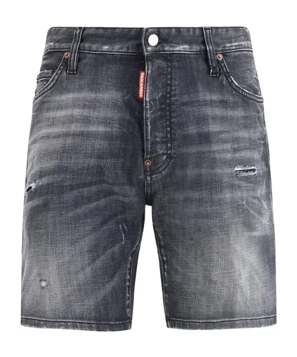 Dsquared2 Distressed Denim Shorts With Logo Patch - Gray