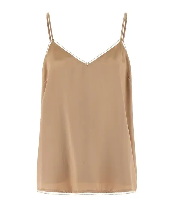 Fabiana Filippi V-neck Camisole With Tulle And Diamond Thread Detail - Beige