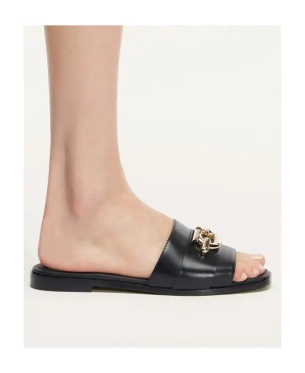 FERRAGAMO Square Toe Chain Detail Slide Sandals