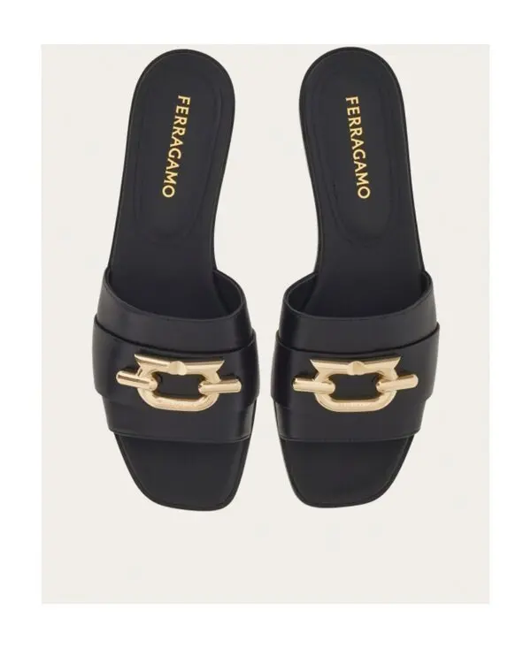 FERRAGAMO Square Toe Chain Detail Slide Sandals