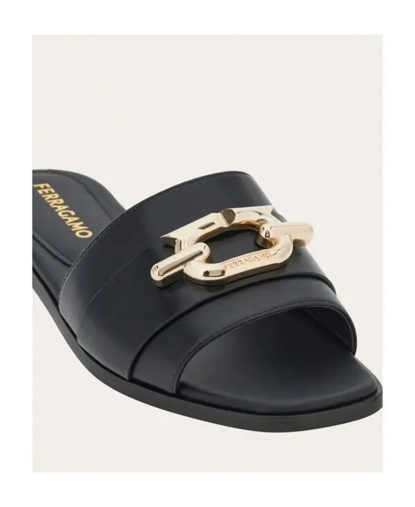 FERRAGAMO Square Toe Chain Detail Slide Sandals
