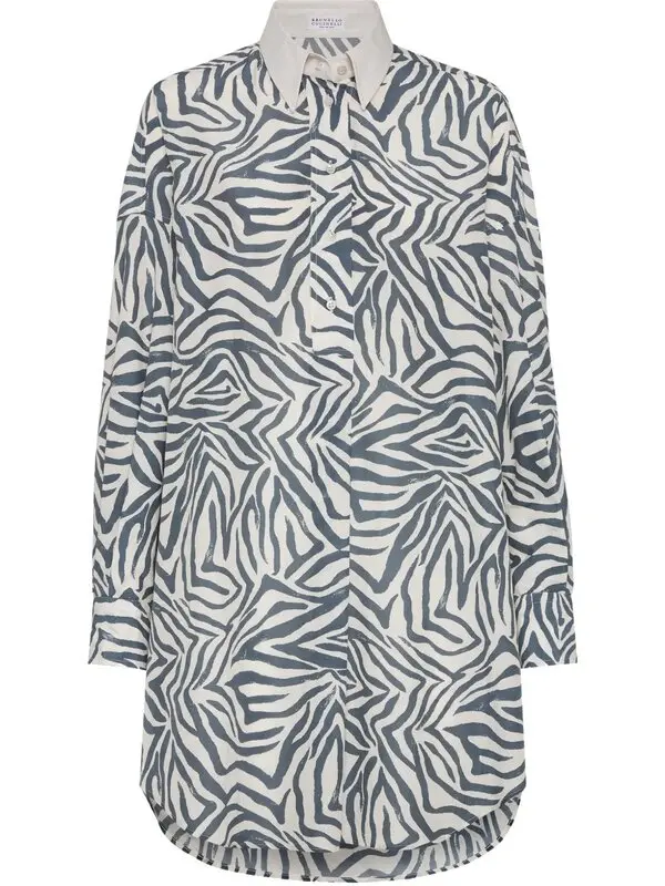 Brunello Cucinelli Zebra Print Cotton-silk Long Sleeve Shirt Dress