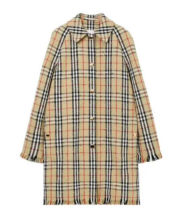 Burberry Checked Fringed-edge Buttoned Coat - Nude