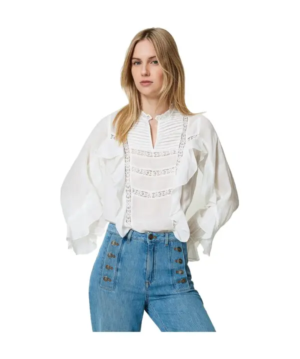 TWINSET Long-sleeved Shirt With Lotus Leaf Trim - White