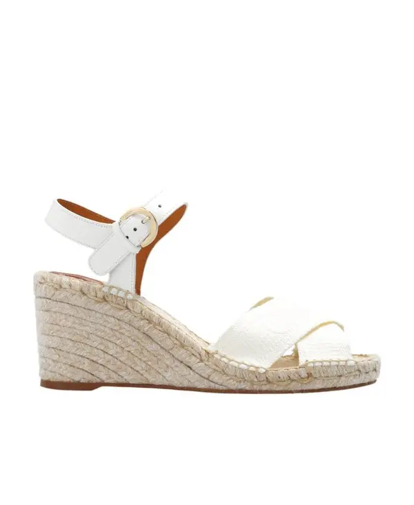 Chloé Wedge Sandals With Ankle Strap And Embroidered Logo - Nude