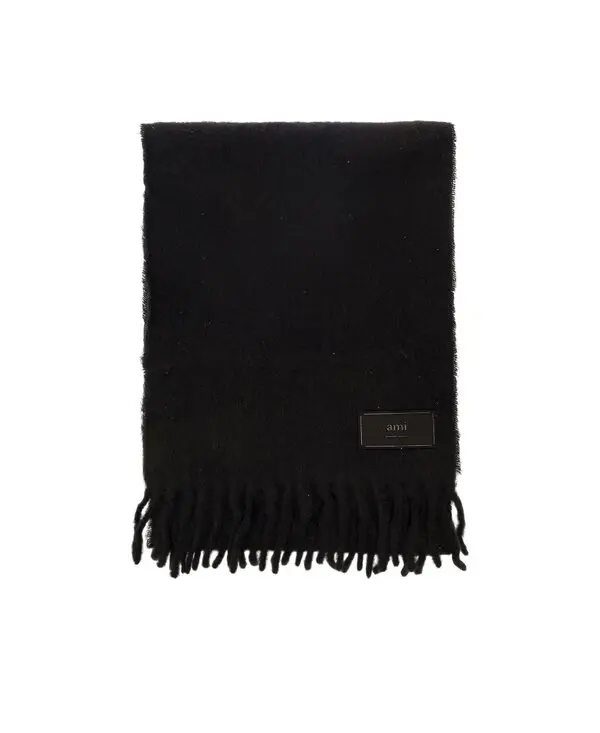 Ami Logo Patch Fringed Edge Scarf - Black