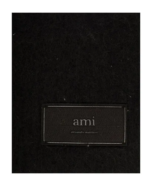 AMI Paris Logo Patch Fringed Edge Scarf - Black